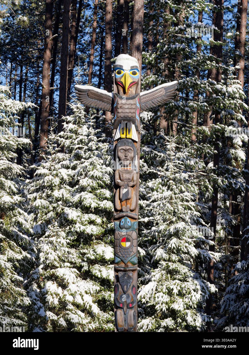 Indigenous totem pole with eagle and human figure hi-res stock ...