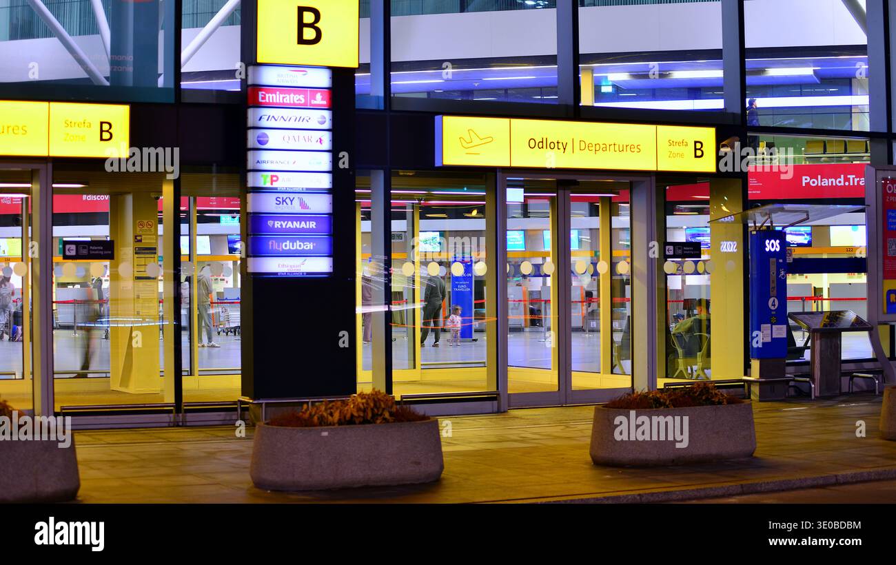 Warsaw, Poland. 3 March 2026. Entrance to departures at Chopin Airport ...