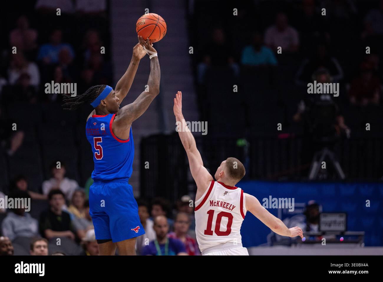 March 11, 2026: SMU Mustangs guard Jaron Pierre Jr. (5) shoots the ball ...