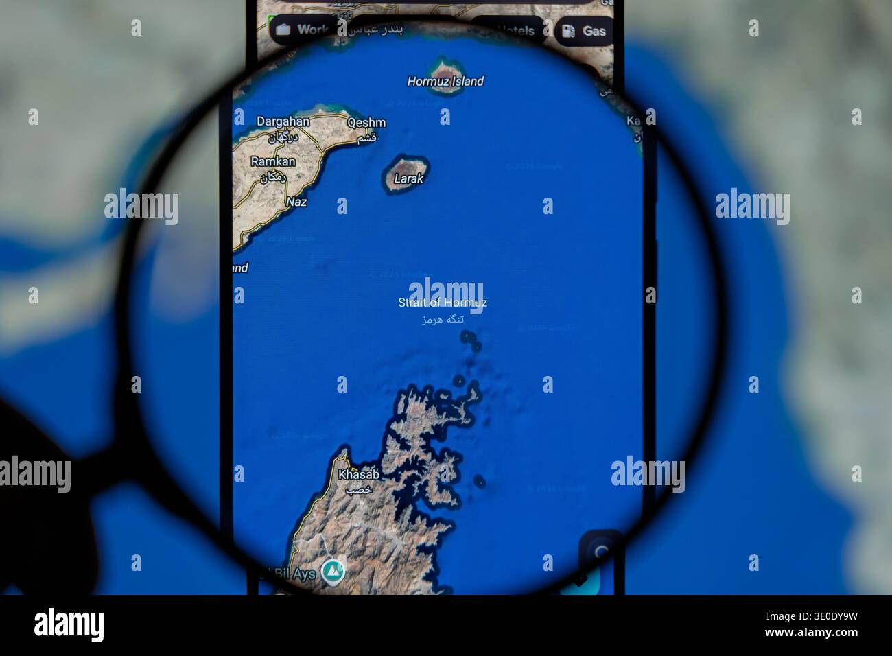 Google map digital map of the Strait of Hormuz on a smartphone ...