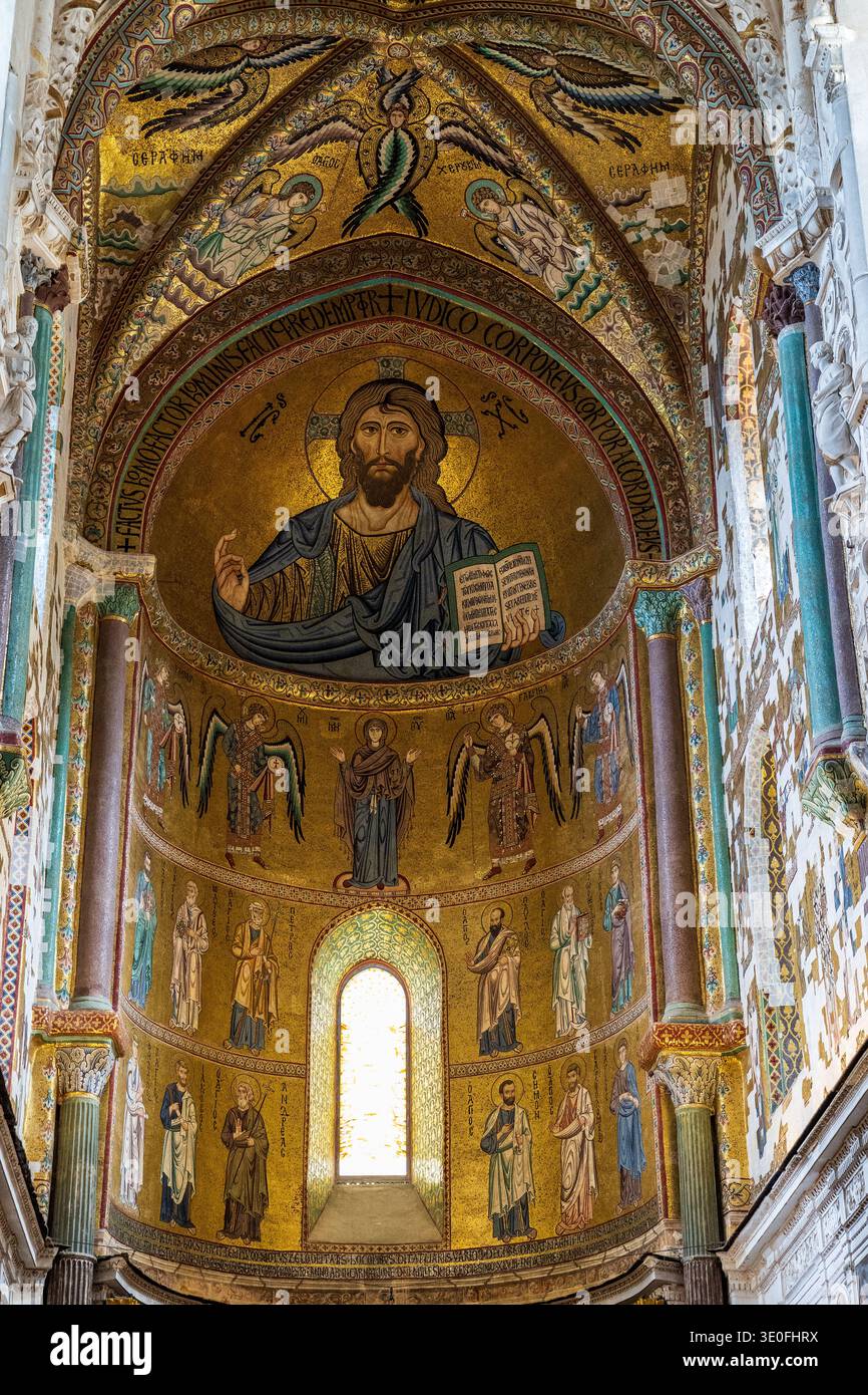 Spectacular view of the Christ Pantocrator apse mosaic in Cefalù. This ...