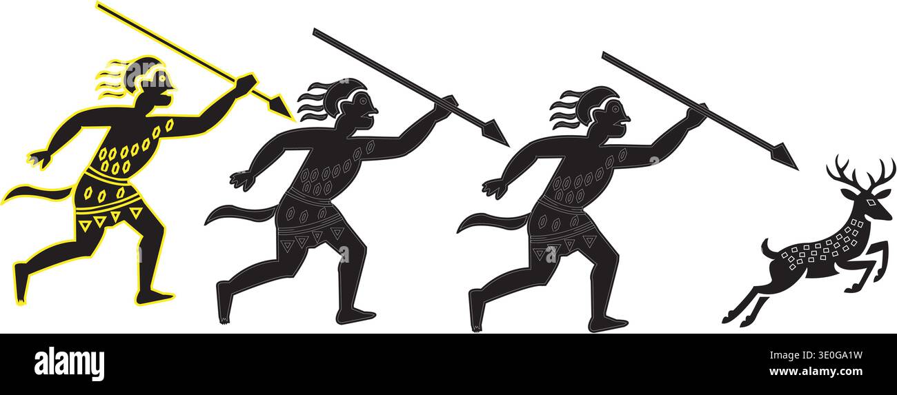 prehistoric hunting scene showing teamwork and motion in tribal style ...