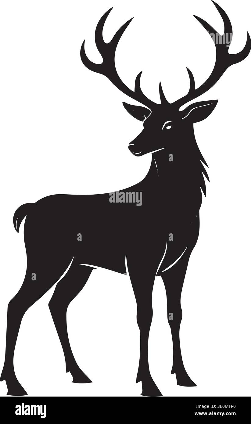 Black and white vector silhouette of a large elk bull with impressive ...