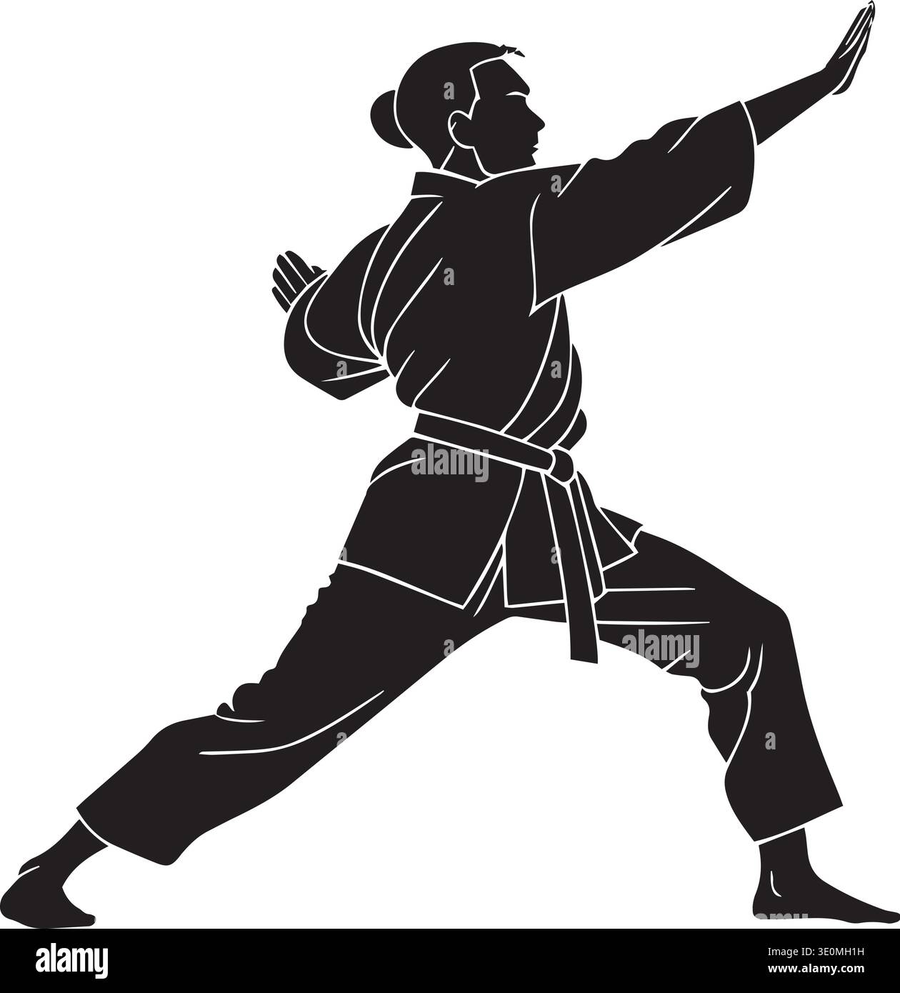 Black and white vector silhouette of a karate martial arts fighter in a ...