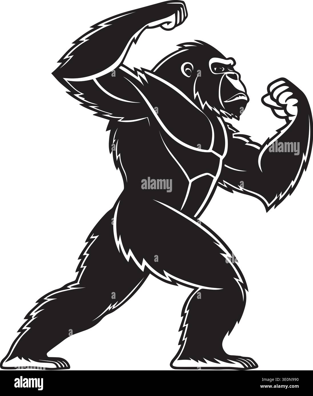 Black and white vector silhouette of a gorilla in a dynamic fighting ...