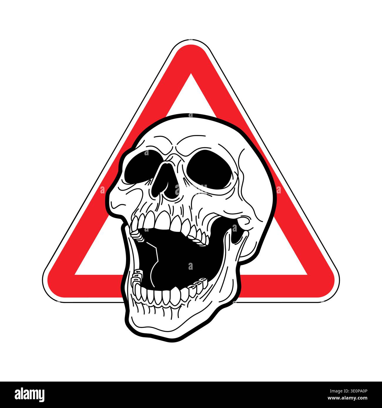 laughing human skull inside a red triangle warning road sign. Concept ...
