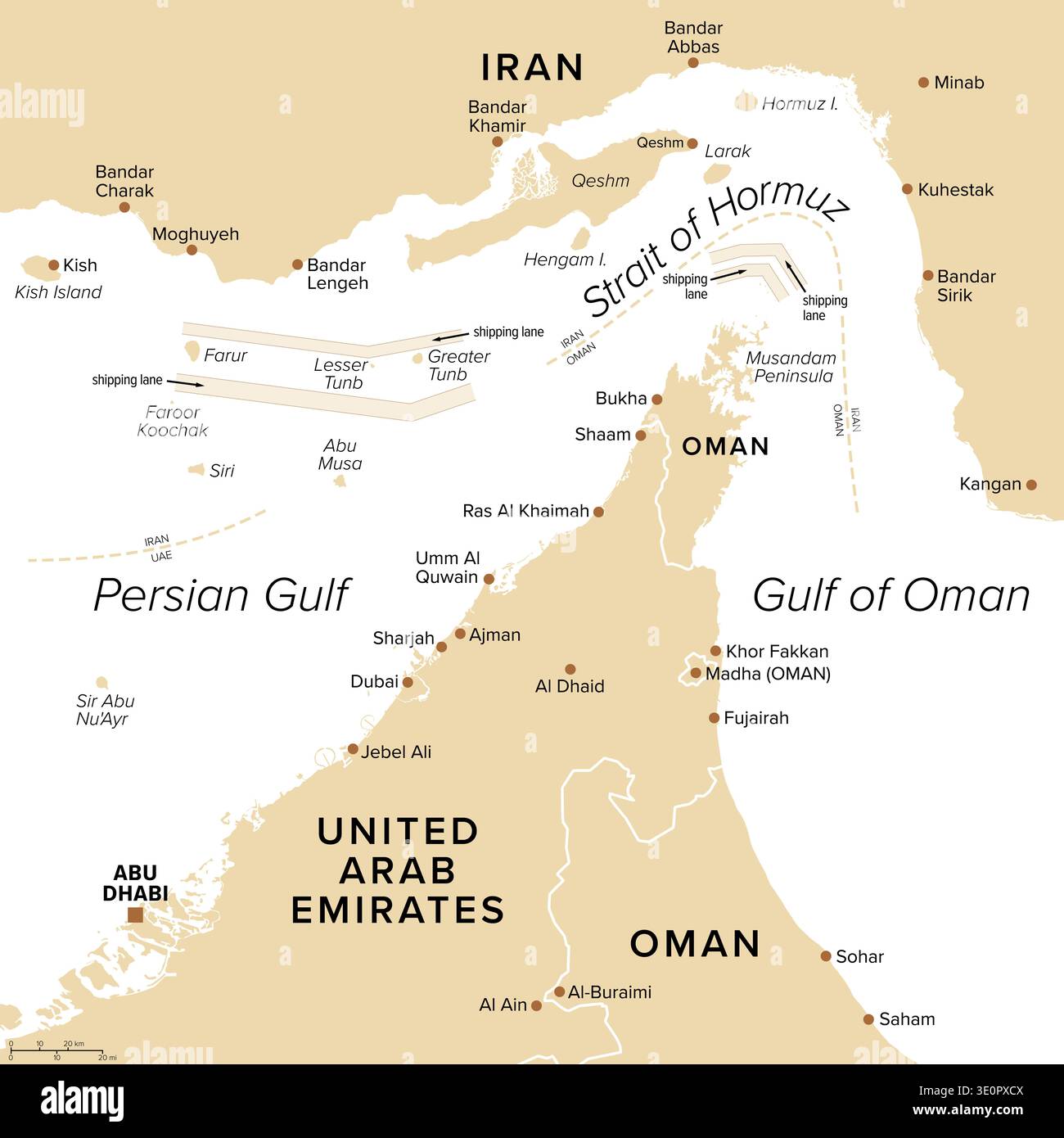 Shipping lanes of the Strait of Hormuz, political map. Sea passage from ...