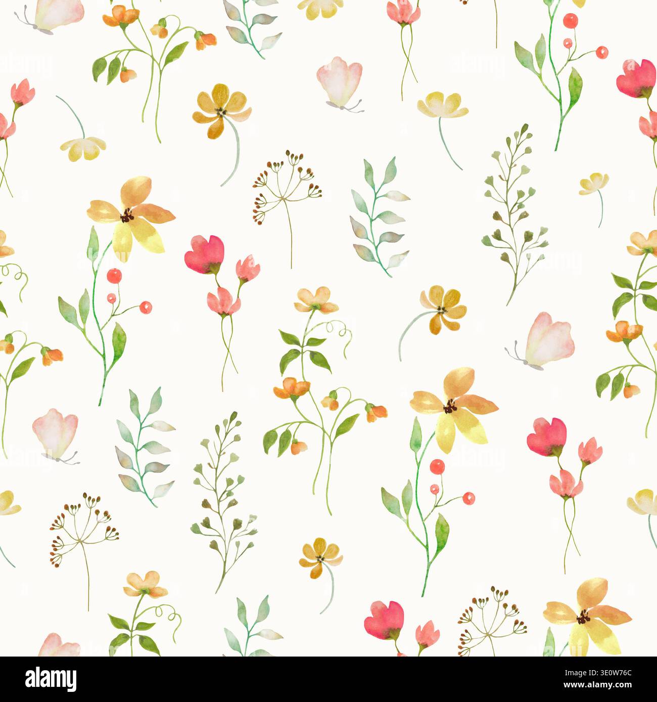 Seamless watercolor floral pattern with delicate hand-drawn wildflowers ...
