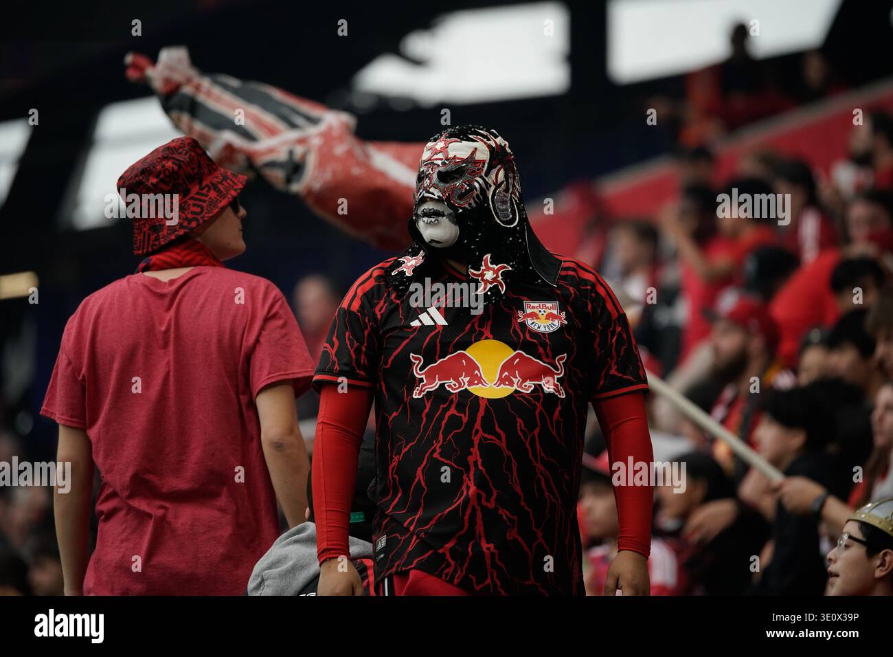 A masked fan watches the game during the Red Bull New York football ...
