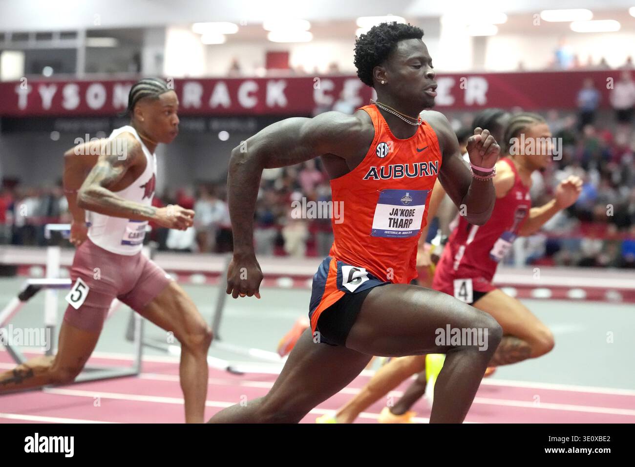 Ja'Kobe Tharp of Auburn wins 60m hurdles heat in 7.36 during the NCAA ...