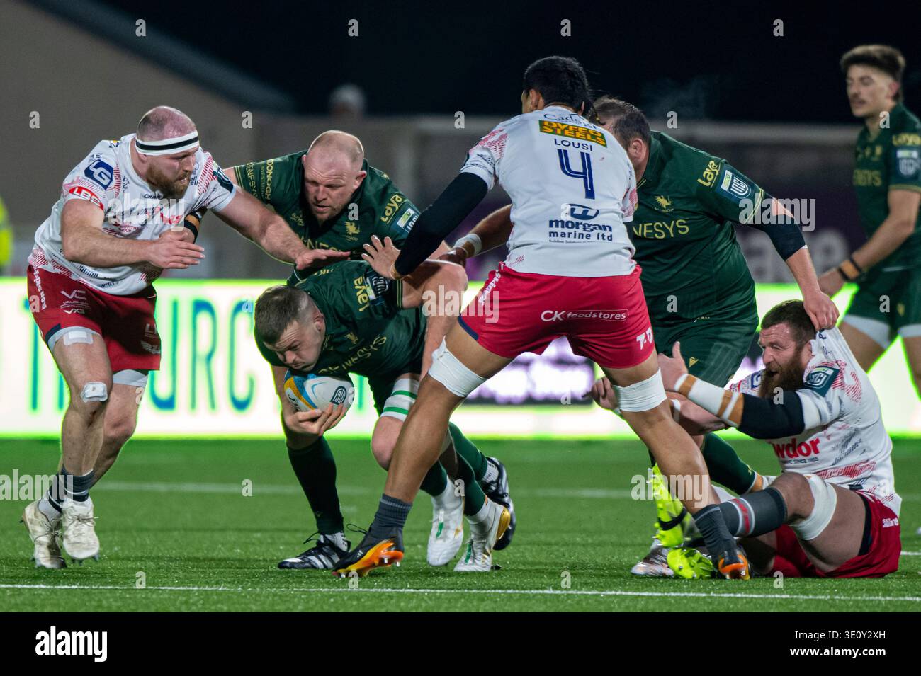 David O'Connor of Connacht Rugby tackled by Sam Lousi of Scarlets ...