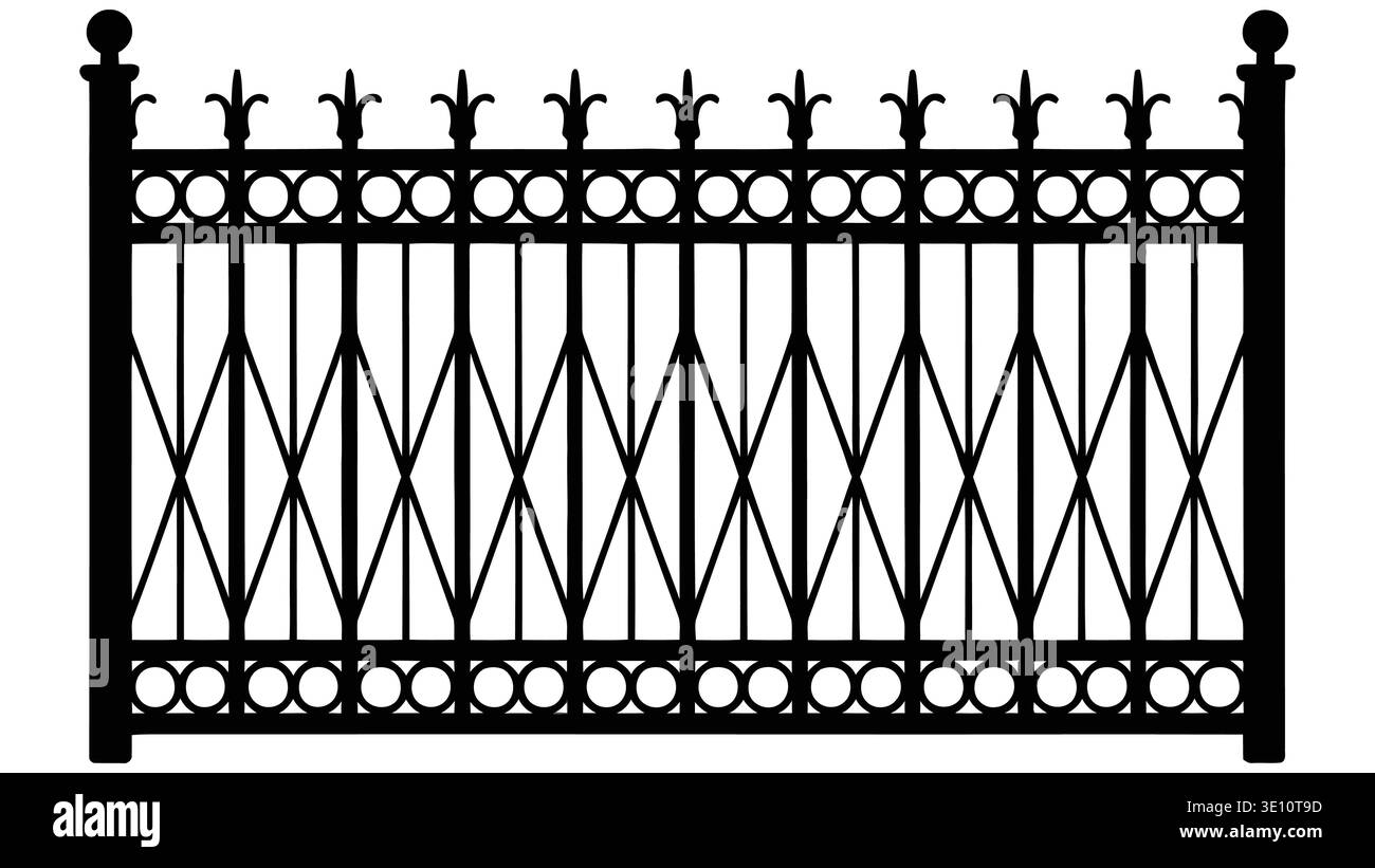 Elegant black silhouette of a decorative wrought iron fence section ...