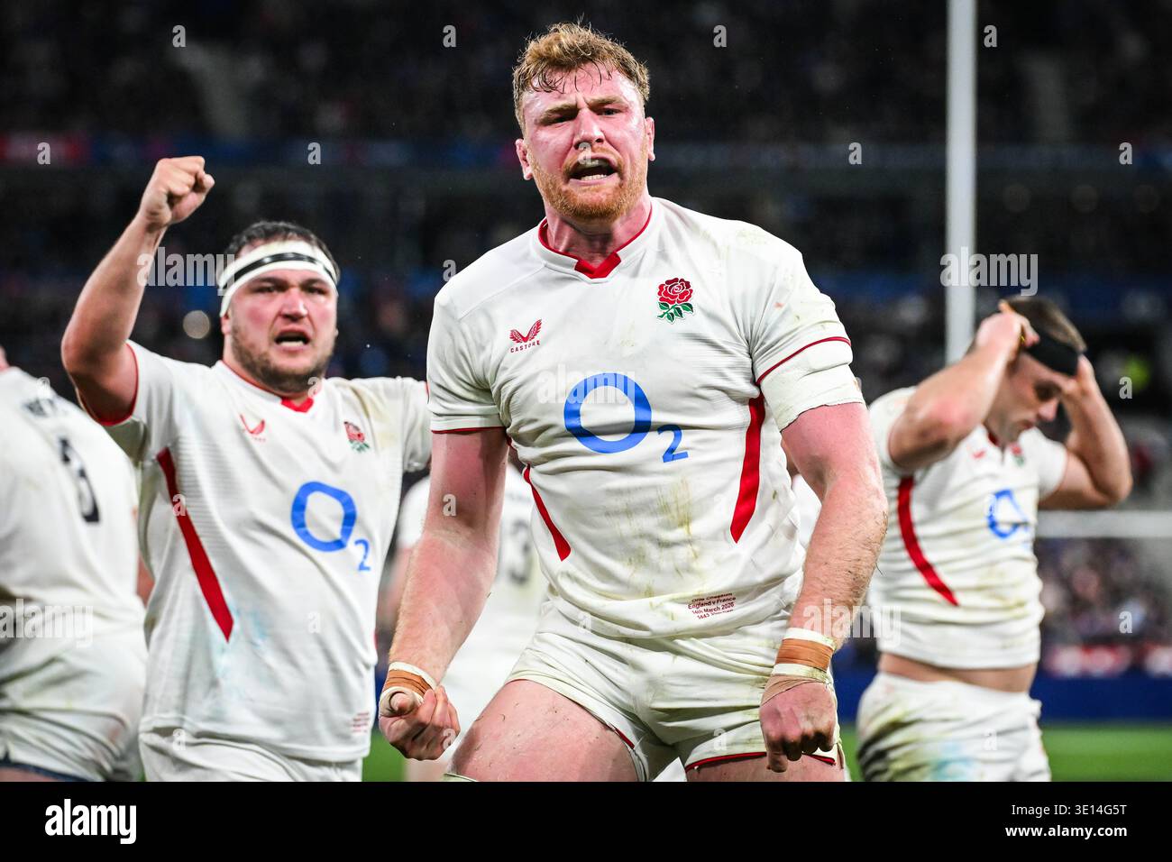 Ollie CHESSUM of England celebrates his try during the 2026 Six Nations ...