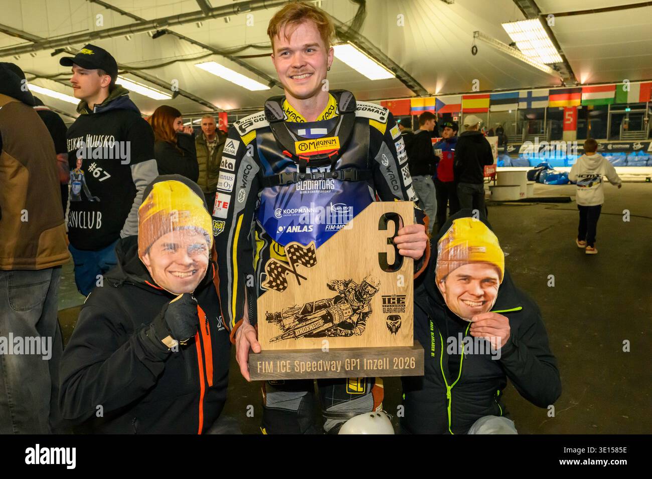 Heikki Husko (67) of Finland with his fans and their masks during the ...