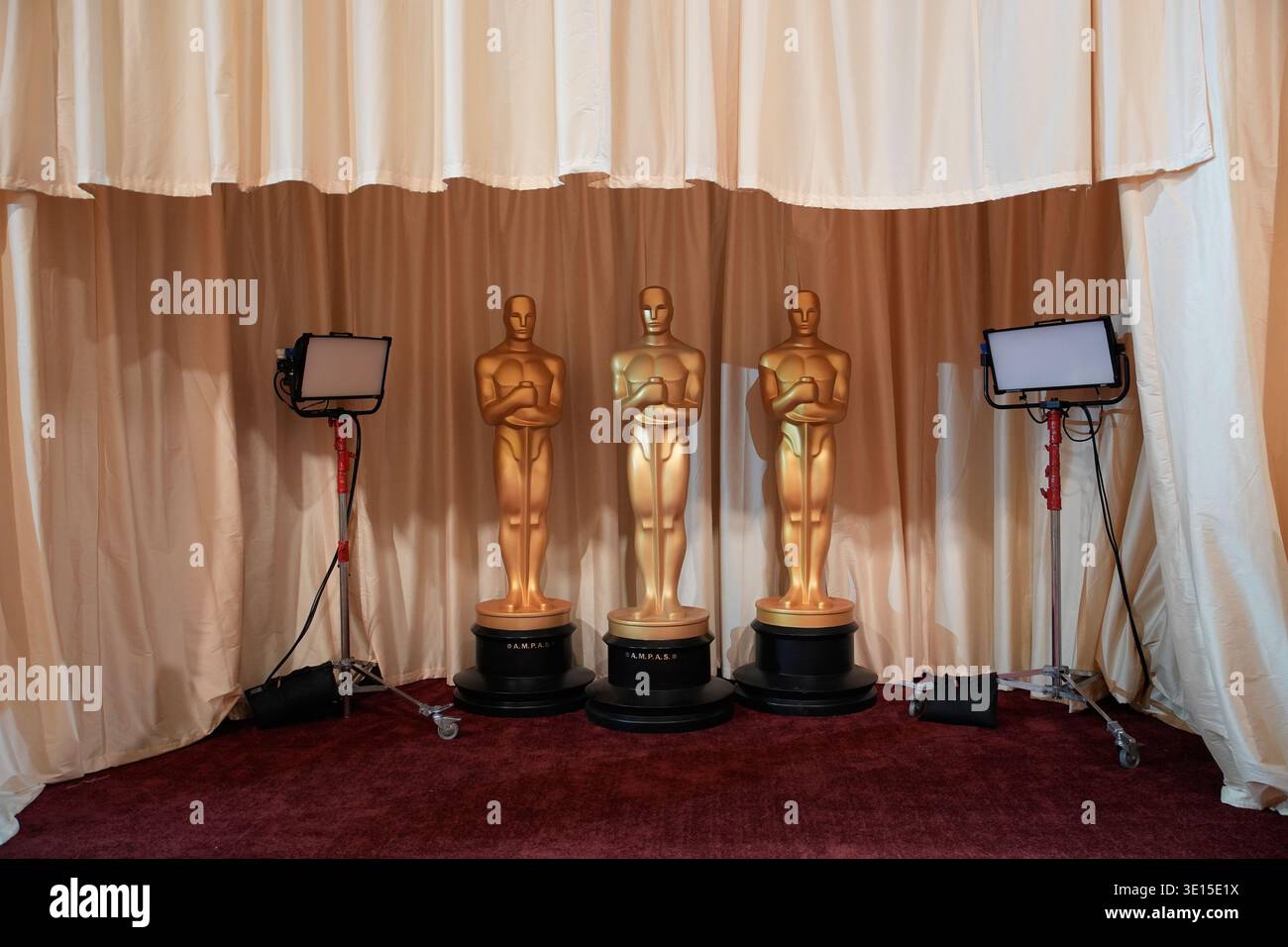Oscar statues are on display along the red carpet ahead of Sunday's ...