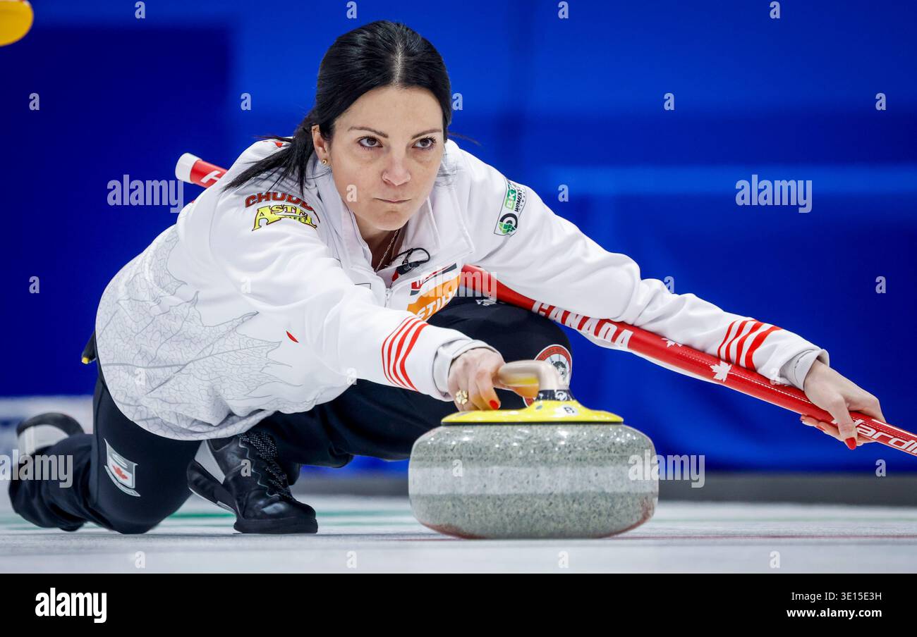 Team Canada skip Kerri Einarson makes a shot against Sweden at the ...