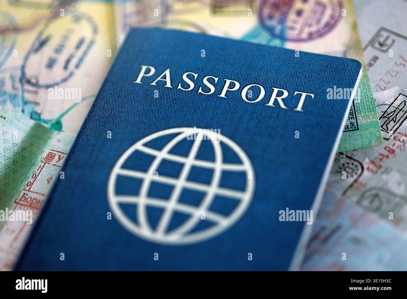 One fictional passport on big amount of passport pages full of colorful ...