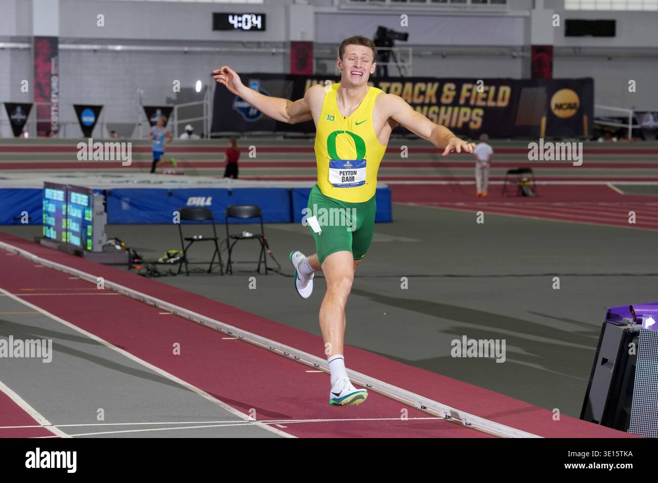 Peyton Bair of Oregon crosses the finish line of the heptathlon 1,000m ...