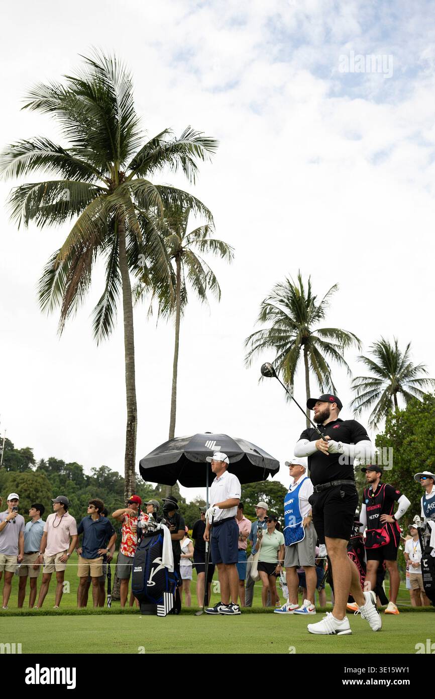 Tyrrell Hatton of Legion XIII hits his shot from the fourth tee during ...