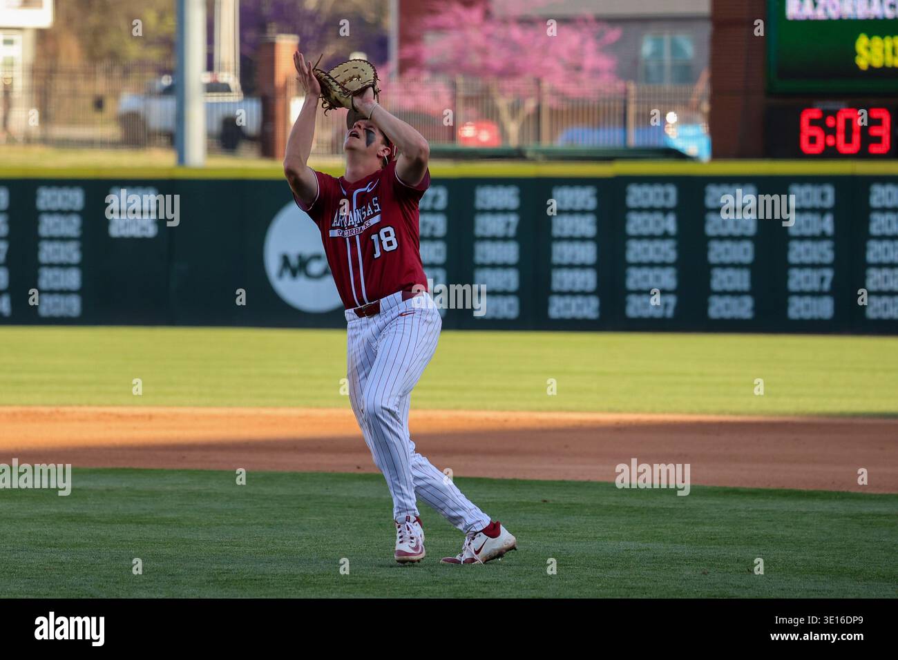 March 14, 2026: Arkansas first baseman Reese Robinett (18) settles ...