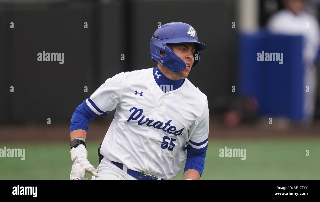 Seton Hall outfielder Jake Lopez (55) runs to first during an NCAA ...