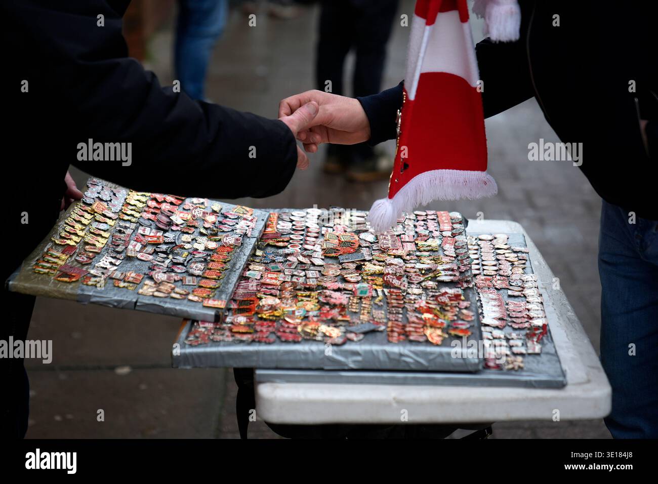 Pin badges for sale ahead of the Premier League match at Anfield ...
