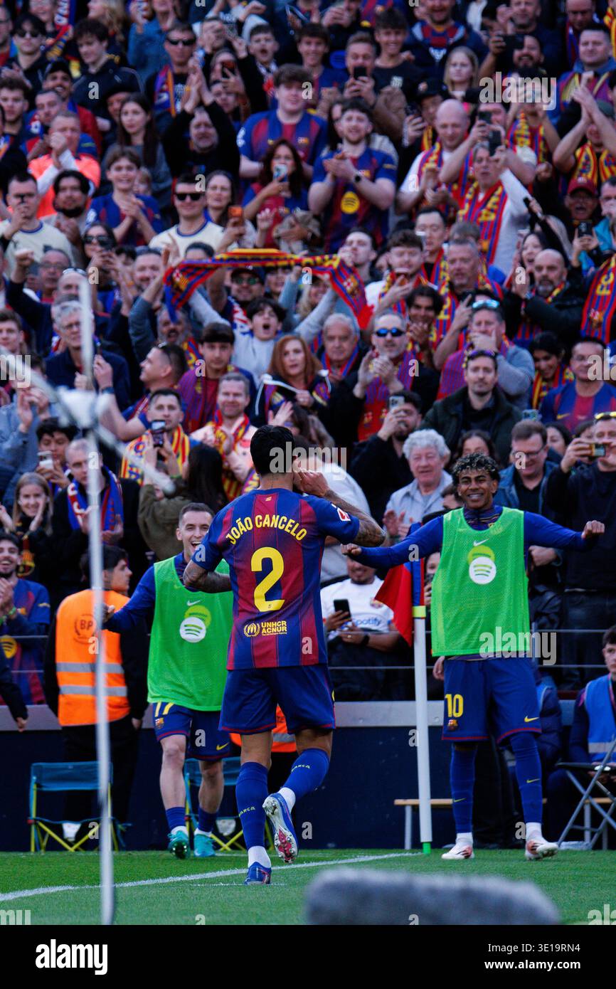 Barcelona, Spain. 15th March, 2026. Cancelo celebrates after scoring a ...