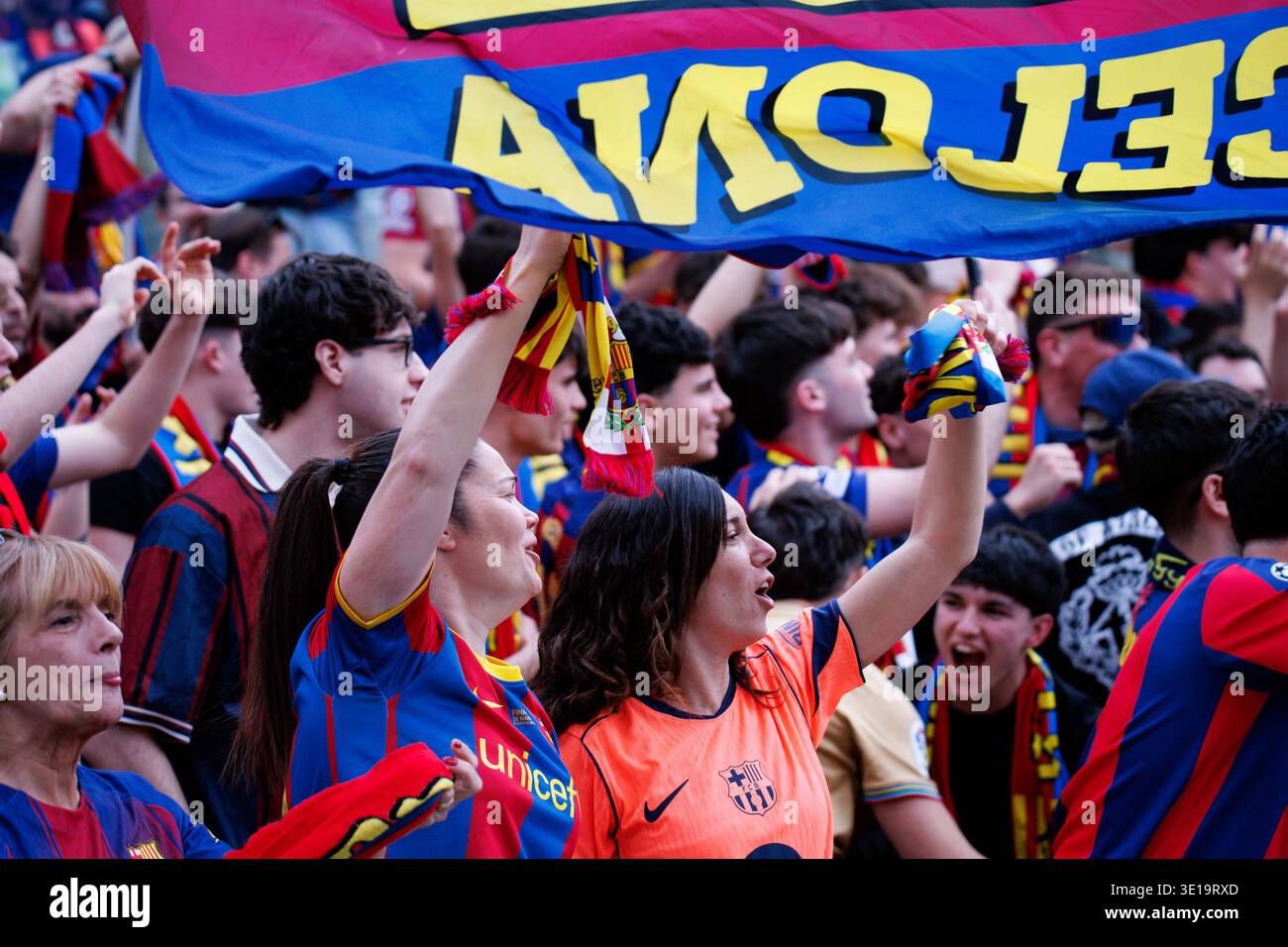 Barcelona, Spain. 15th Mar, 2026. Barcelona supporters celebrate a goal ...