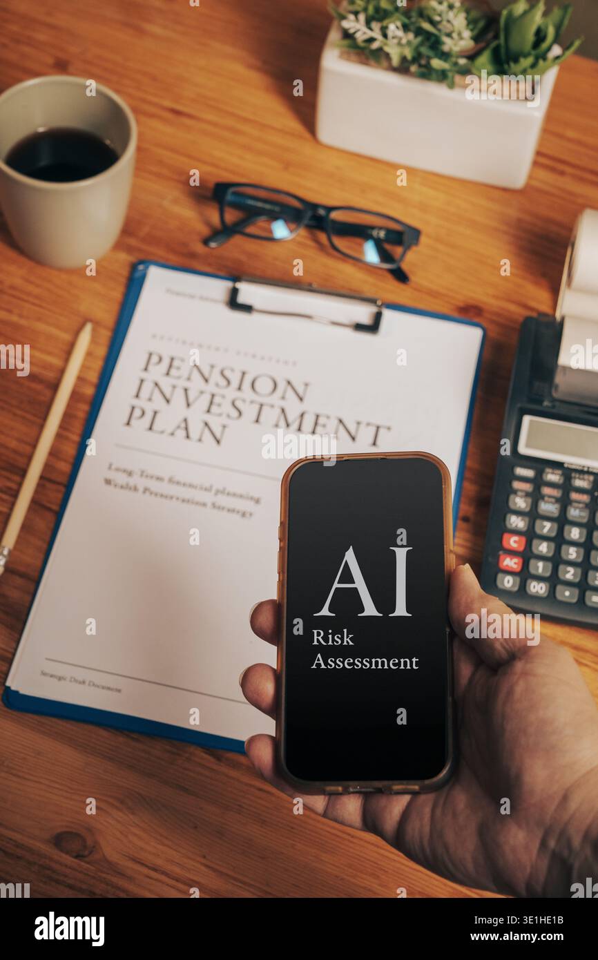 Smartphone showing AI risk assessment over pension investment plan ...