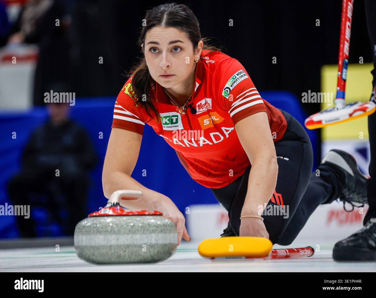 Team Canada second Shannon Birchard delivers a stone against Denmark at ...