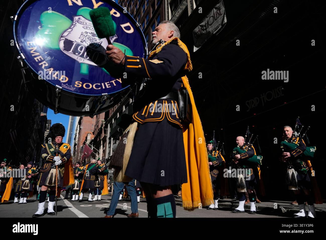 The NYPD Emerald Society band warms-up before the St. Patrick's Day ...