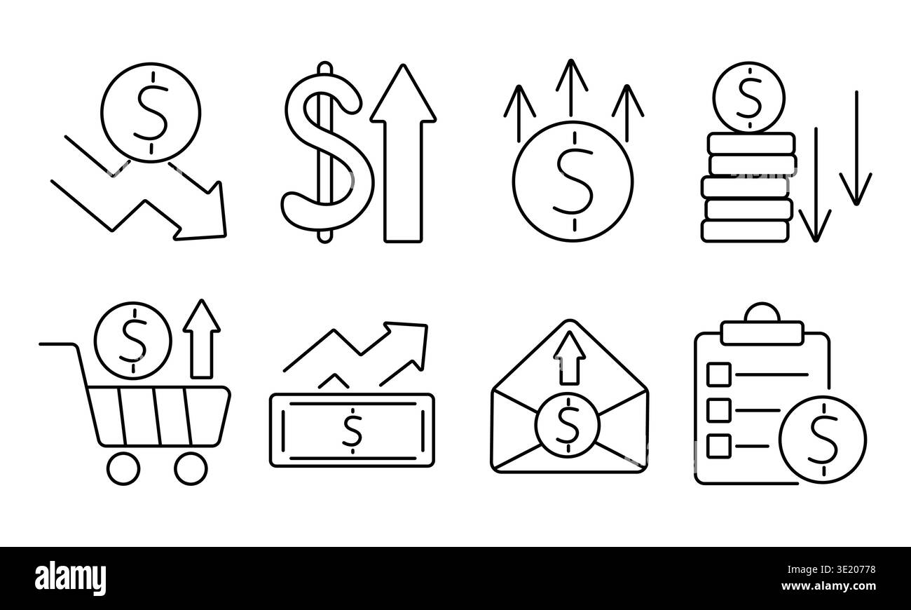 Inflation pictogram group. Set of growth and fall signs, income and ...