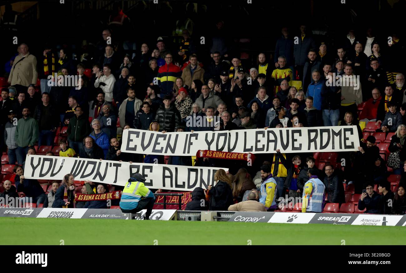 Watford fans display a banner in the crowd after the Sky Bet ...