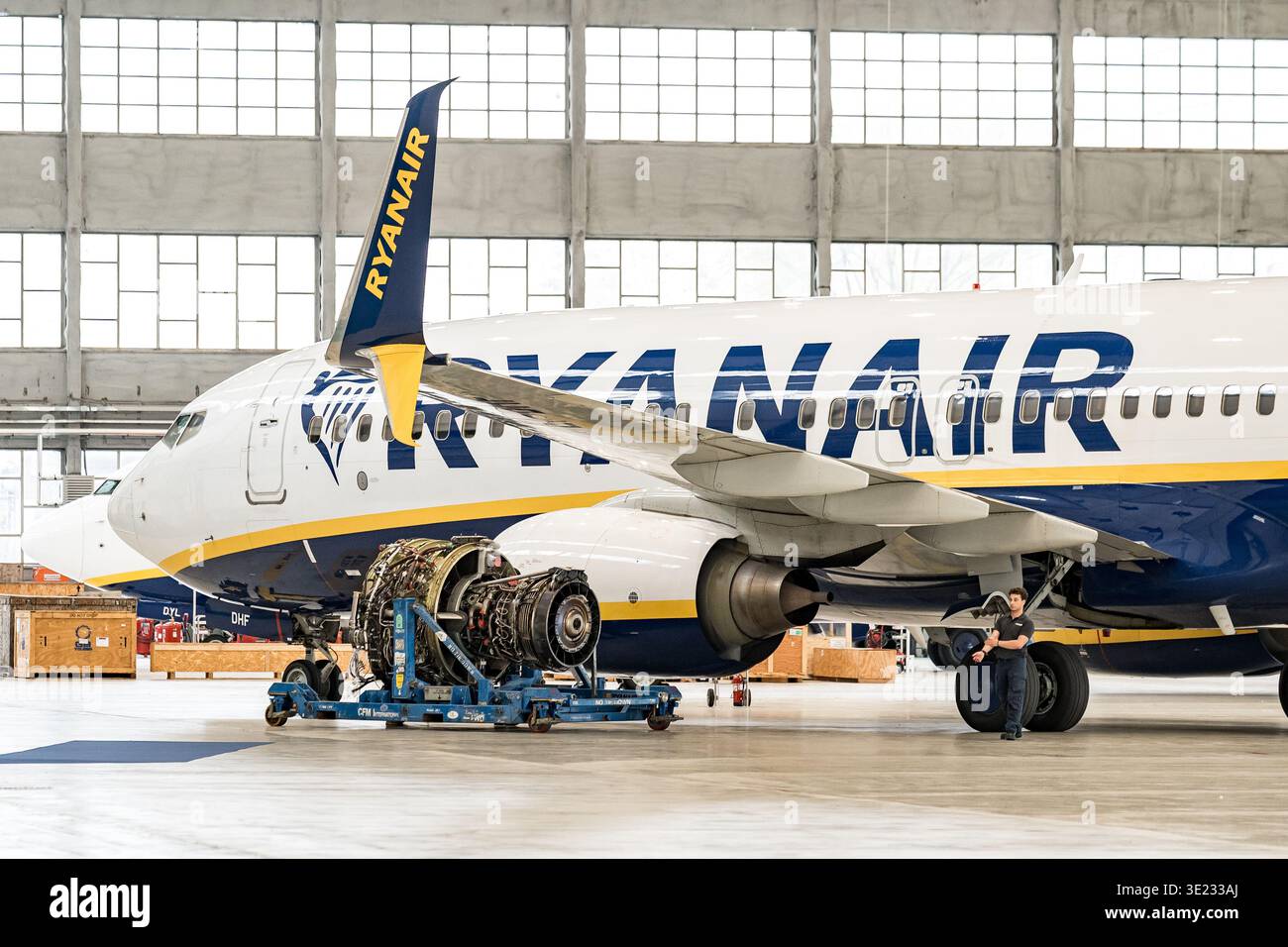 A Ryanair aircraft engine during the inauguration of Ryanair's new ...