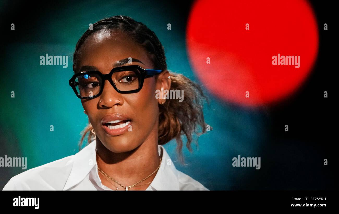 A'ja Wilson, WNBA basketball player, speaks during a Pro Athlete event ...