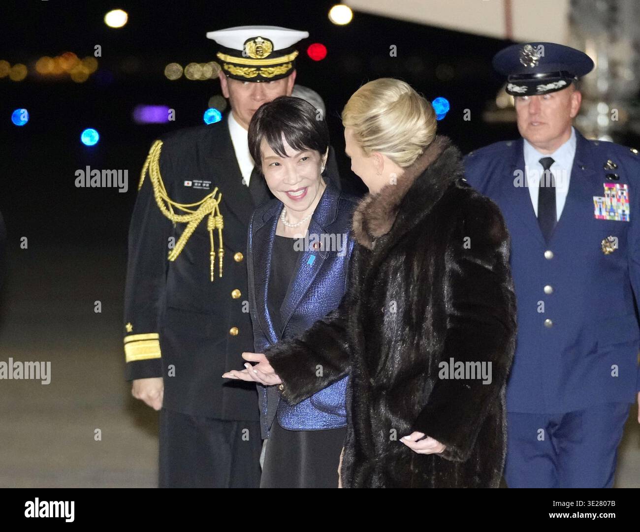 Japanese Prime Minister Sanae Takaichi, center, arrives at Joint Base ...