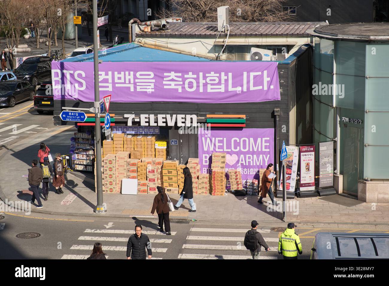 Seoul, South Korea: Purple BTS comeback congratulations banner over 7 ...