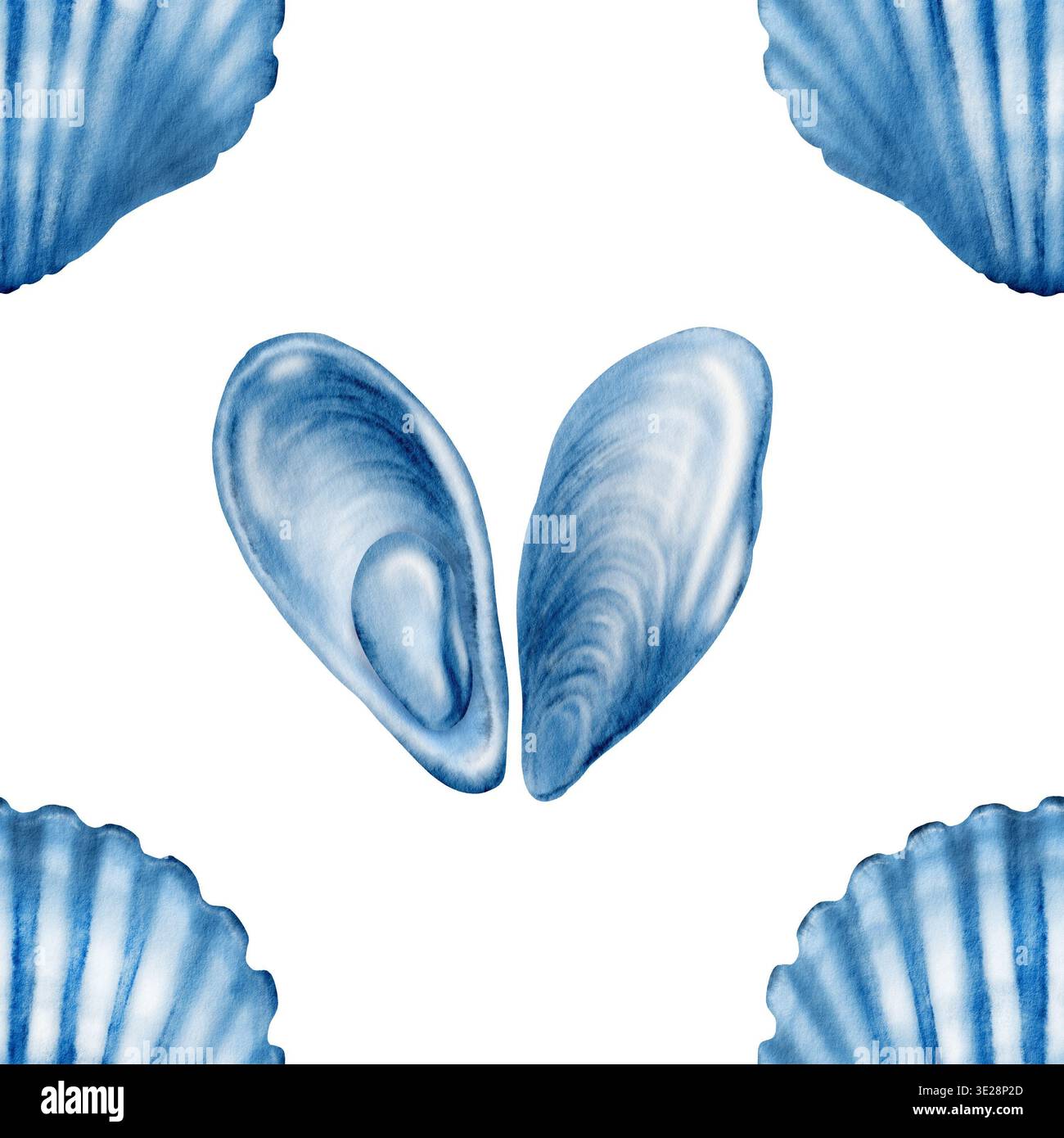 Delicate ribbed seashell,mussel shells in monochrome seamless pattern ...