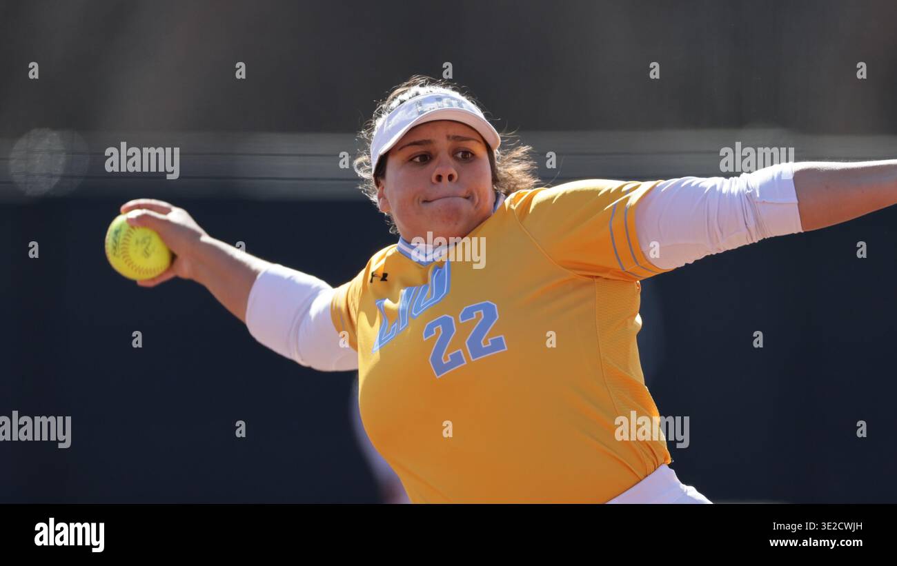 LIU's Gigi Clavel throws during an NCAA softball game against Columbia ...