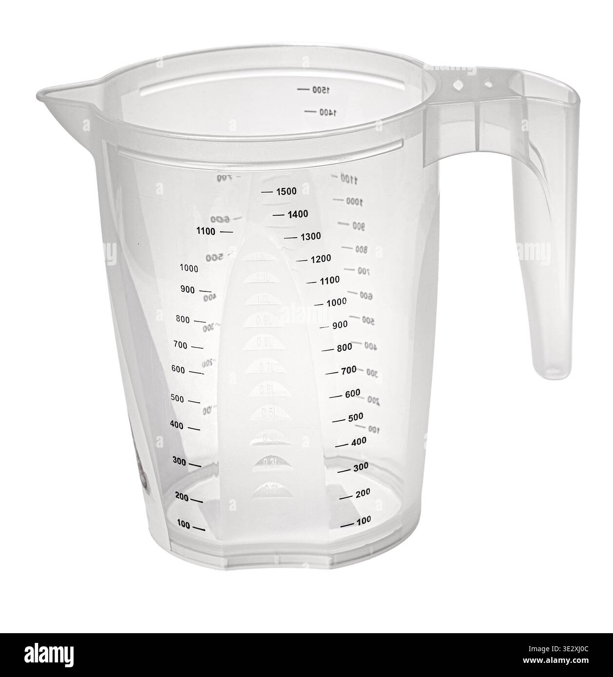 Plastic measuring cup showing volume scales on a transparent background ...