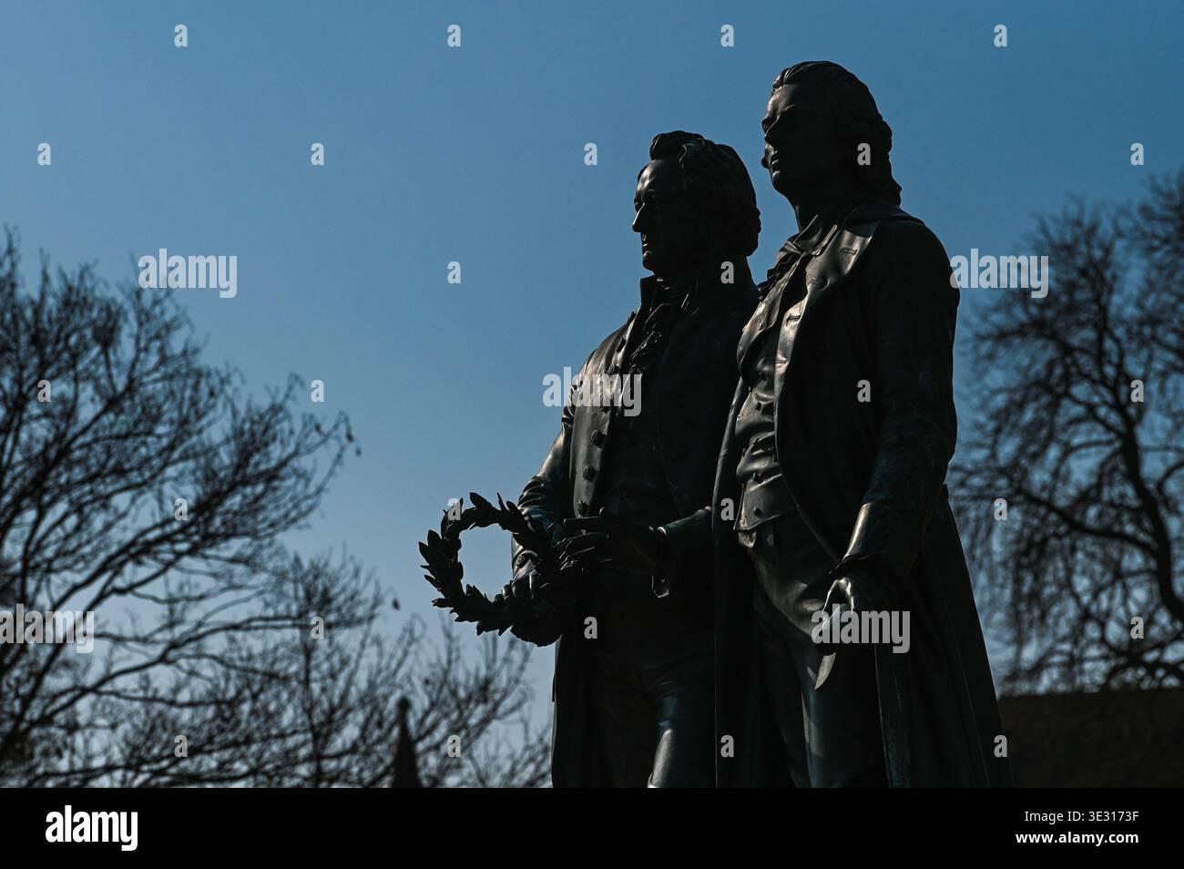 18 March 2026, Thuringia, Weimar: The Goethe-Schiller monument in front ...