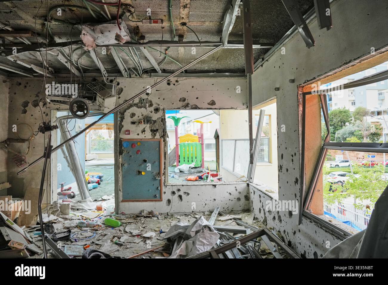 View of a kindergarten hit by fragments of an Iranian missile in Rishon ...