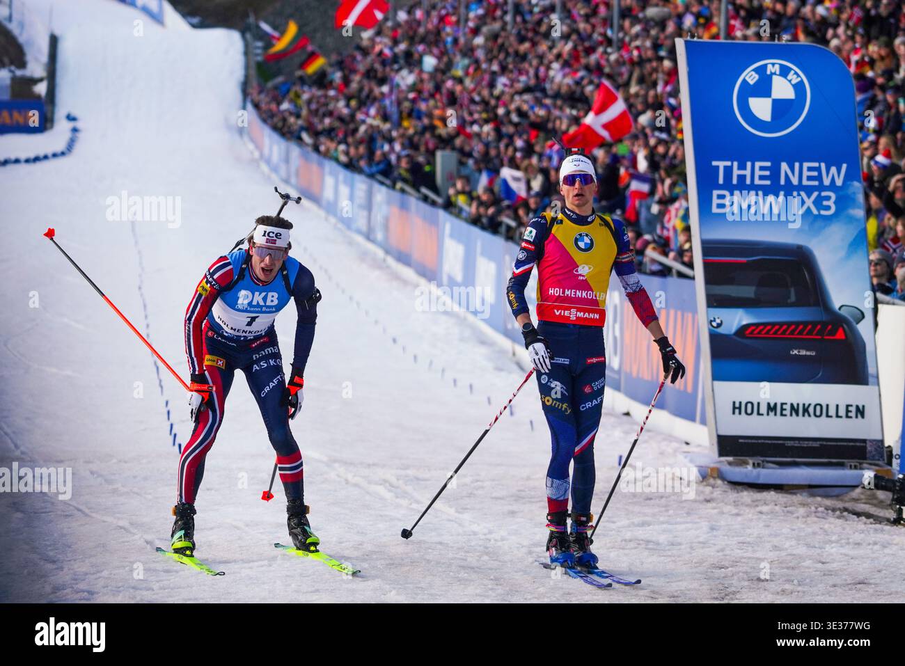 Oslo 20260321. Sturla Holm Lægreid and Eric Perrot from France finish ...