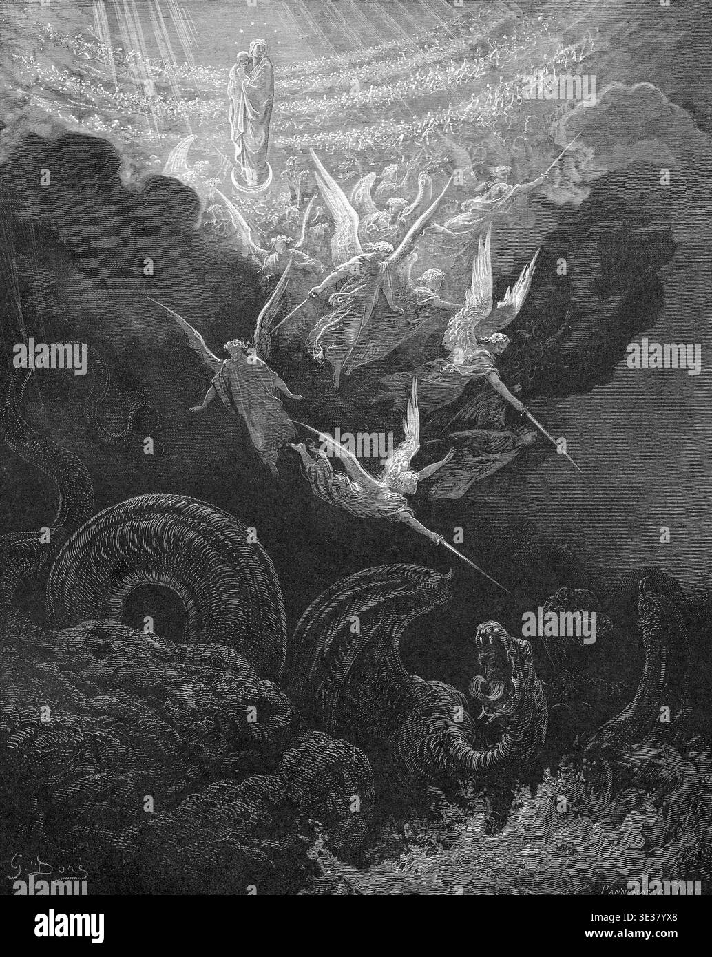The crowned virgin. face of John, the fall of the dragon and his fury ...