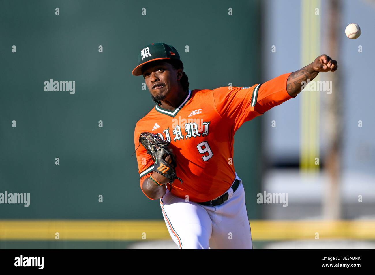 Miami pitcher Rob Evans (9) pitches during an NCAA baseball game ...