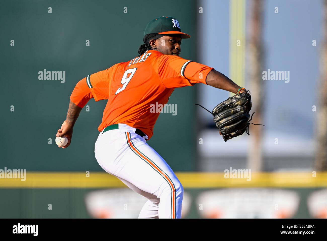 Miami pitcher Rob Evans (9) pitches during an NCAA baseball game ...