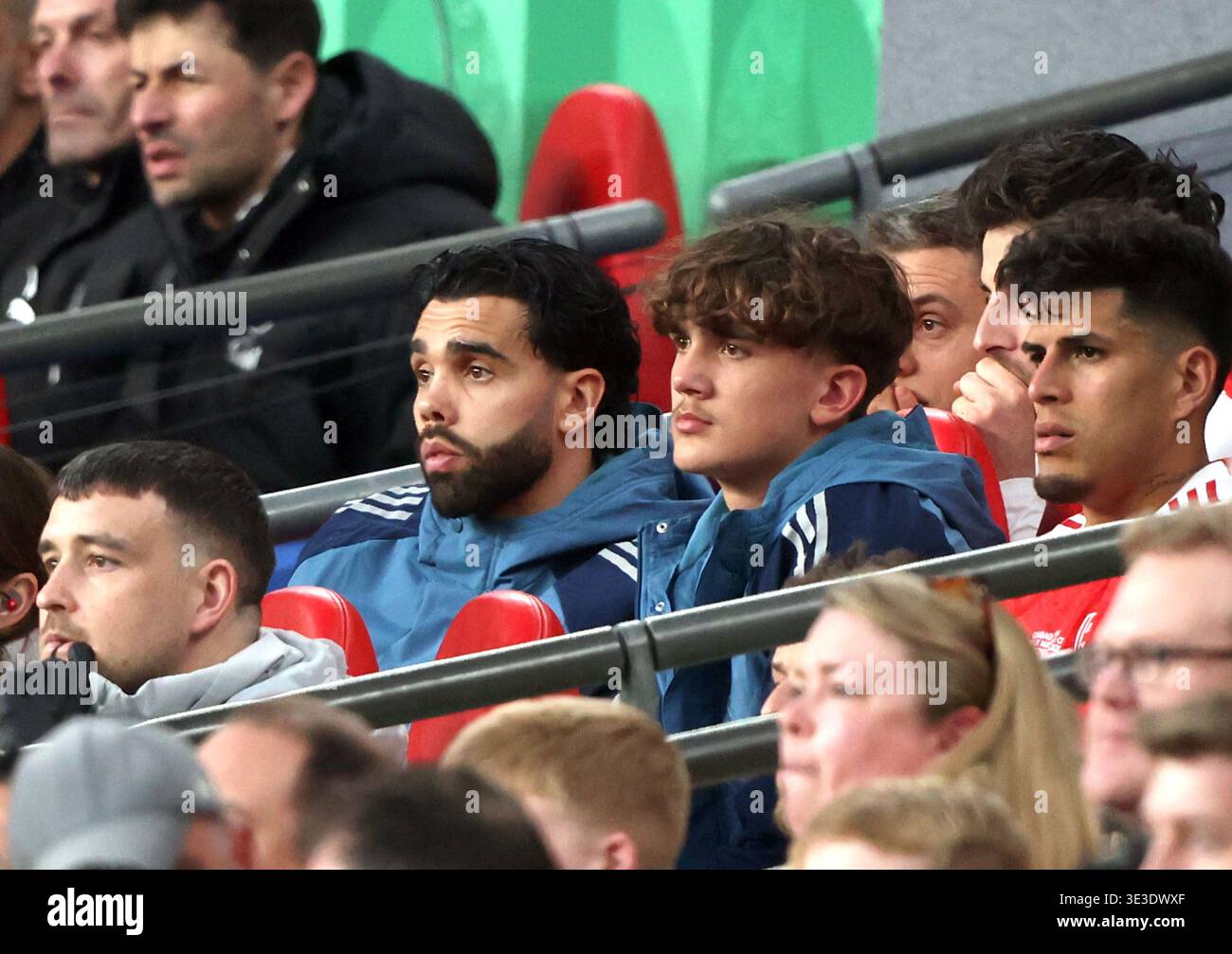 David Raya (A) and Max Robert Dowman (A) on the subs bench at the ...
