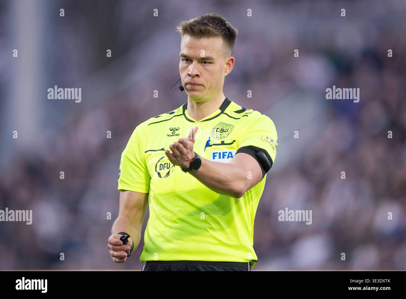 Referee Jacob Karlsen reacts during the Super League match in the ...