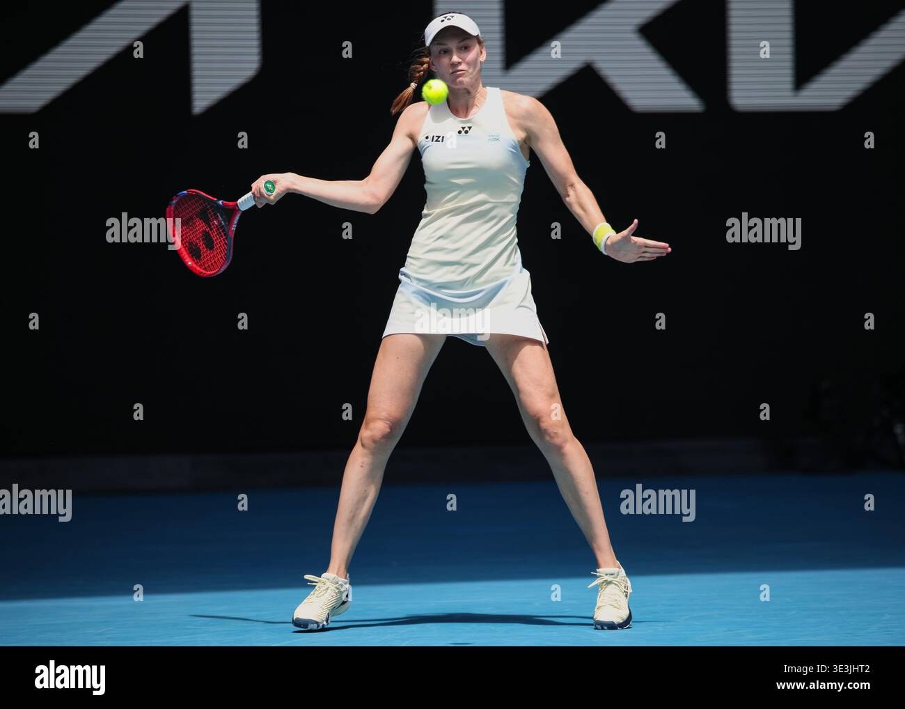 Kazakh tennis player Elena Rybakina playing a forehand shot at the ...