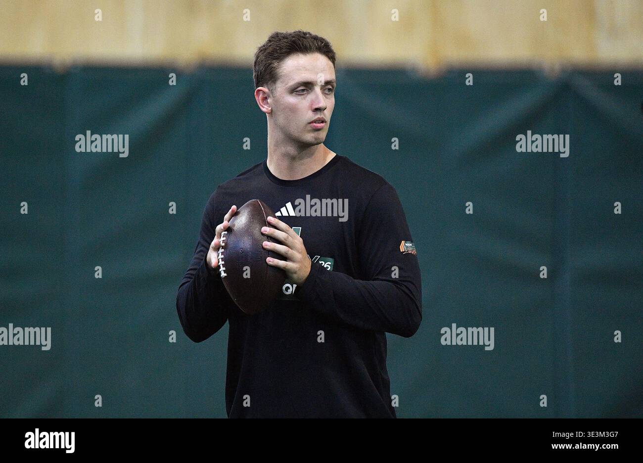 Miami quarterback Carson Beck waits to throw the ball during the school ...